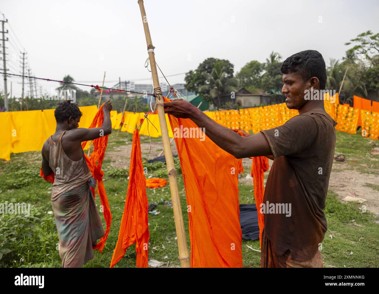 Bangladeshi workers hanging orange fabrics under the sun, Dhaka ...