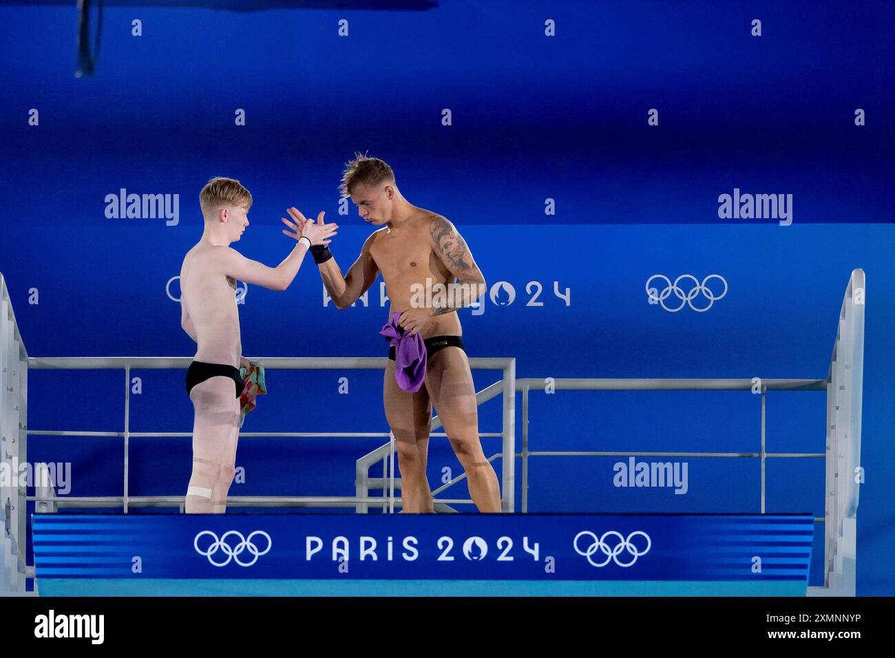 Paris, Frankreich 29.07.2024: 10m Synchron Turmspringen Maenner, Tag 3, Jaiden Eikermann, TImo ...