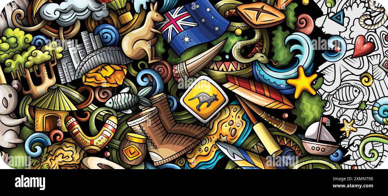 Cartoon vector doodle Australia background. Funny Australian colorful ...