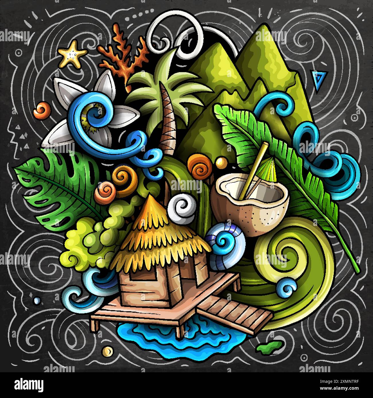 Bora-Bora chalkboard cartoon doodle illustration. Creative funny vector ...