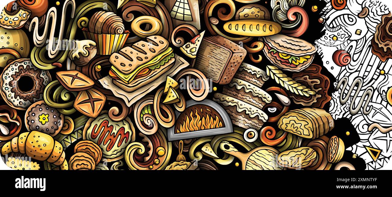 Cartoon vector doodle Bakery banner background. Funny Bakehouse ...
