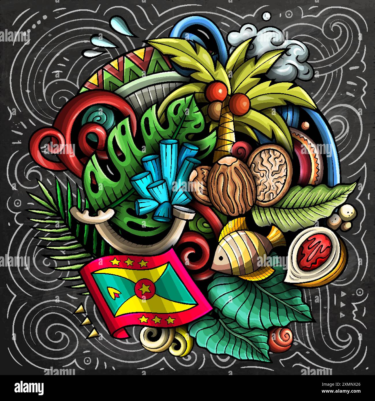 Vector funny doodle illustration with Grenada theme. Vibrant and eye ...