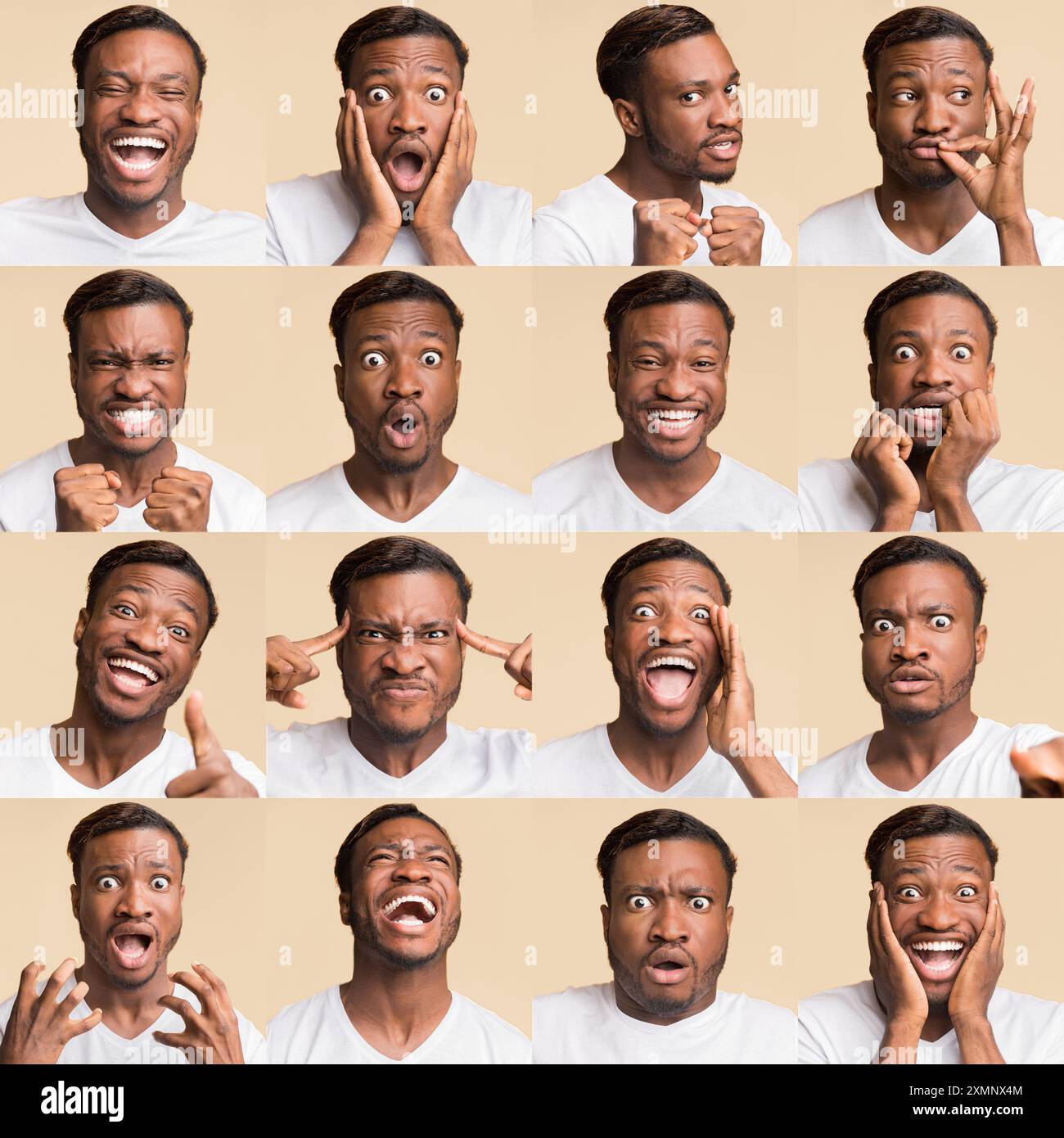 Mosaic Of Afro Man Expressing Different Grimaces Over Yellow Background ...