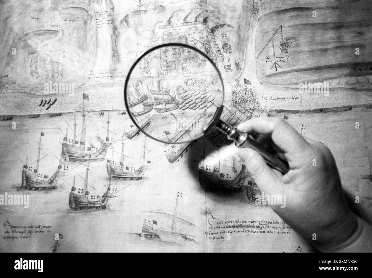 Magnifying glass examining an old document showing ships ?????????? 7 ...