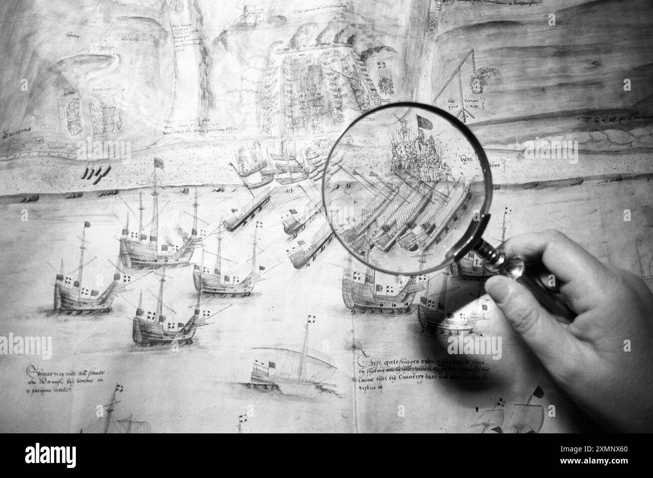 Magnifying glass examining an old document showing ships ?????????? 7 ...