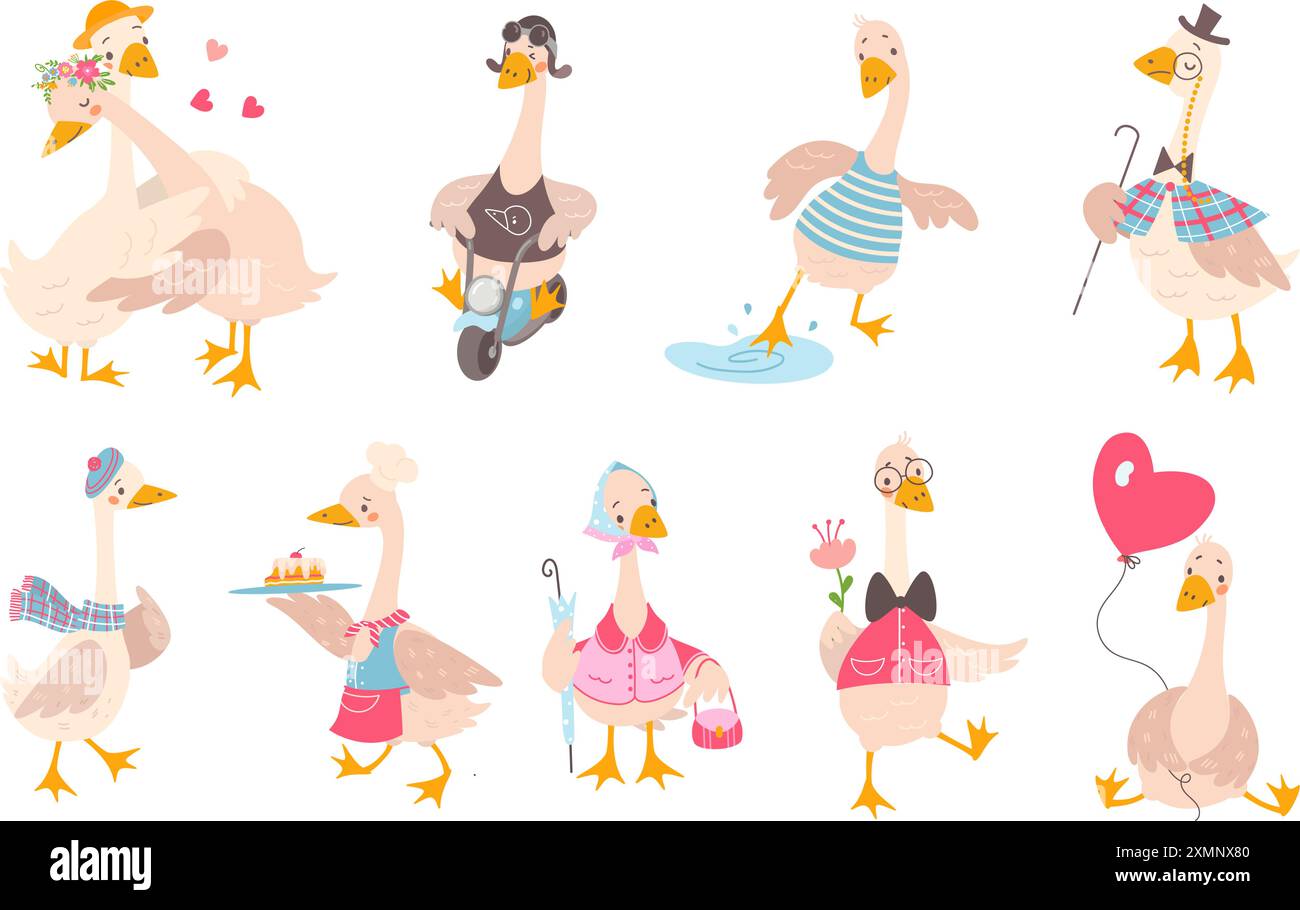 Cartoon geese. Cute goose driving motorbike and hugging, walking baking ...