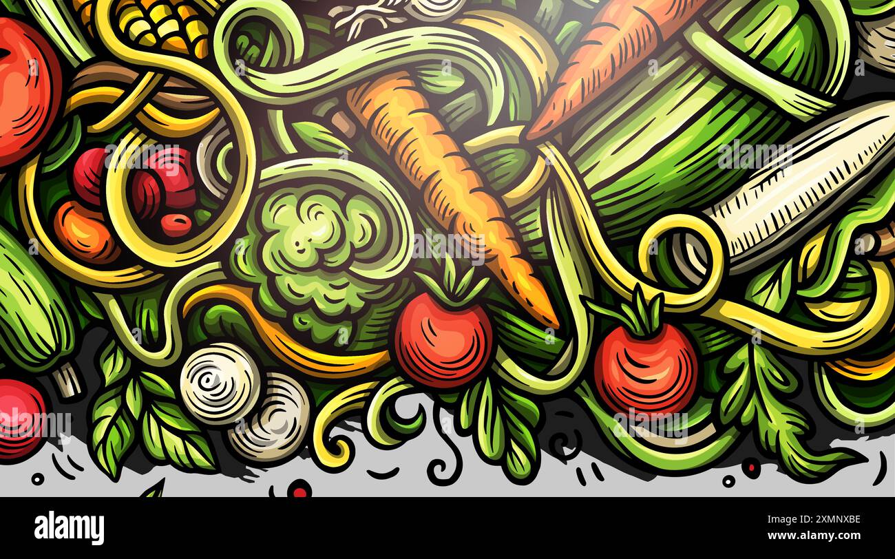 Vegetables cartoon vector doodle background. Veggies banner design ...