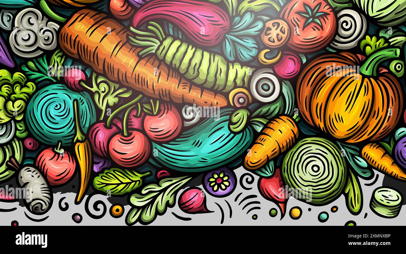 Vegetables cartoon vector doodle background. Veggies banner design ...
