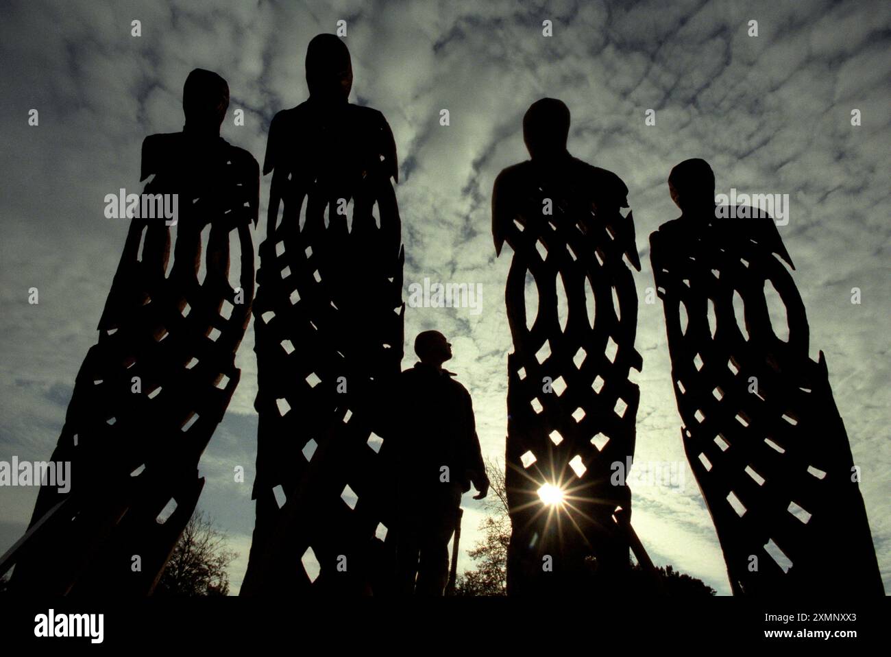 Artist Walter Bailey with his lattice vagrant figures 16 October 1998 Picture by Roger Bamber ...