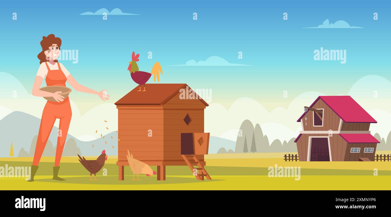 Countryside. Village landscape background with daily routine of farmers ...