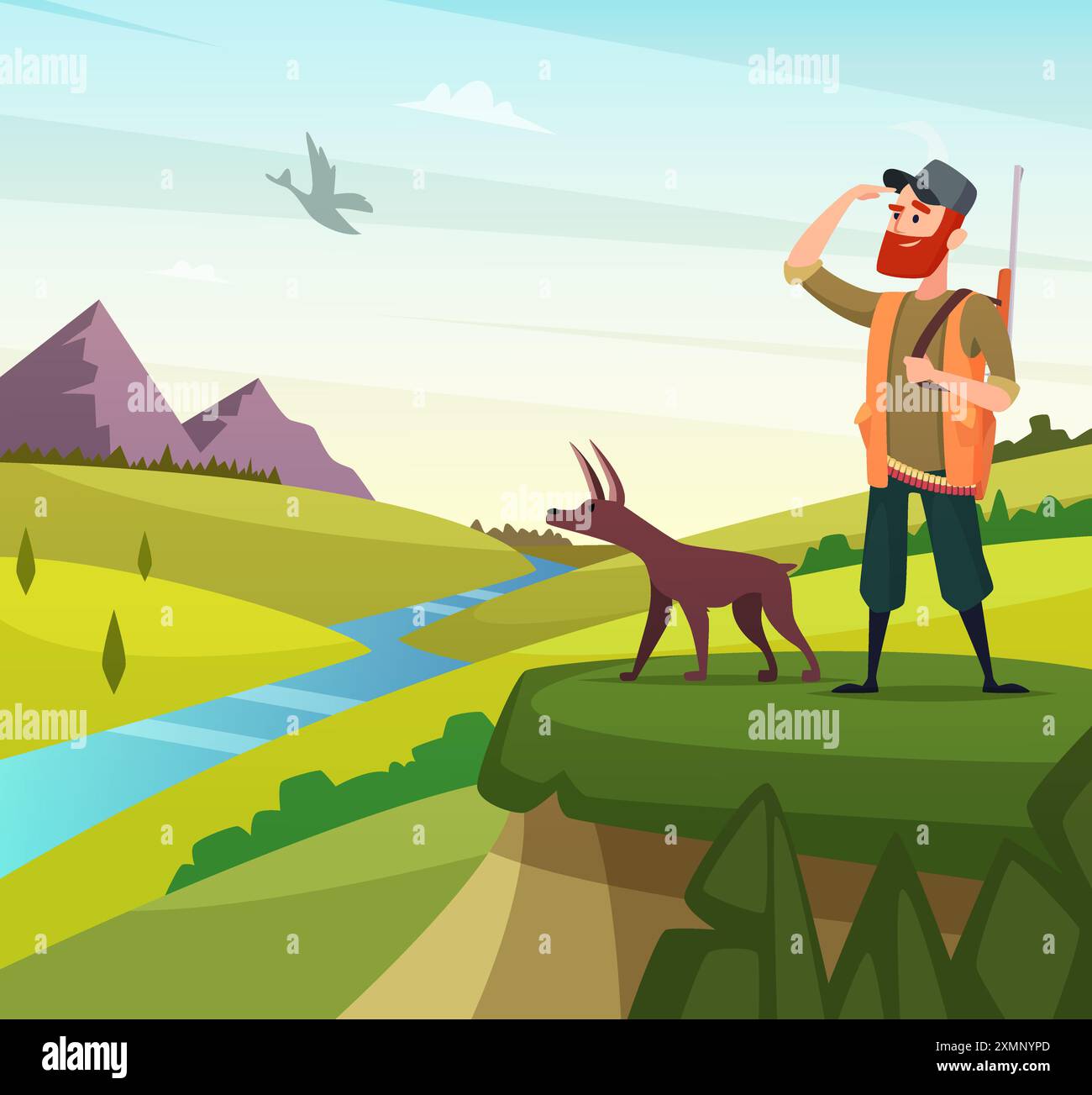 duck hunter. man with weapon and dog hunting aiming wild birds vector ...