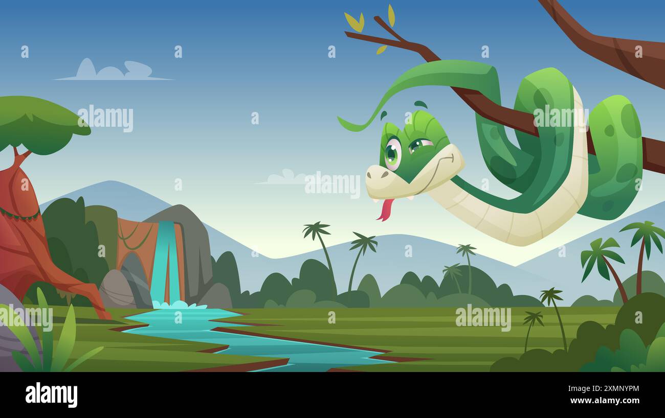 Snake. Funny mascot on cartoon background exact vector green snake or ...