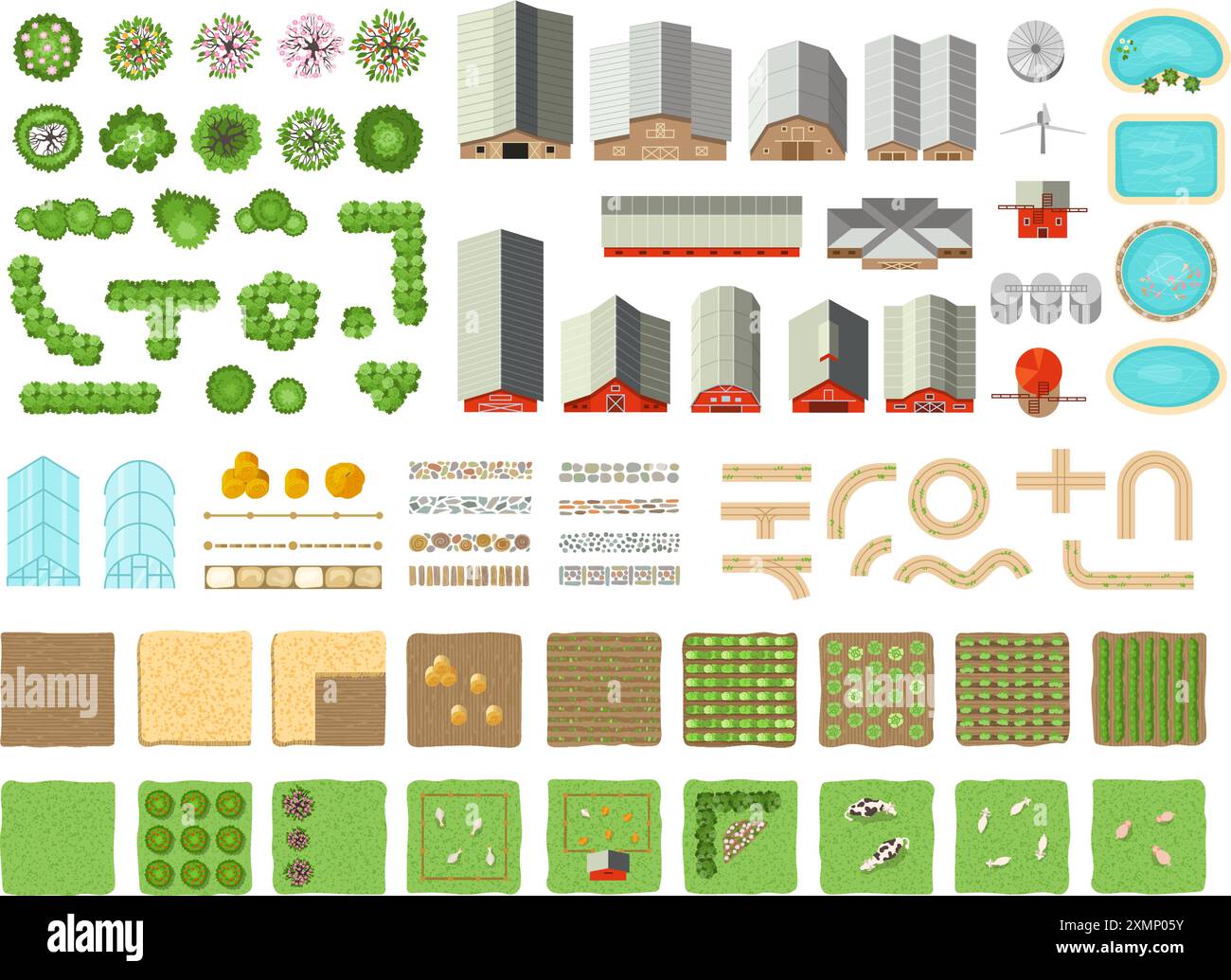 Farm top view. Landscape elements of farm village buildings roads barns ...