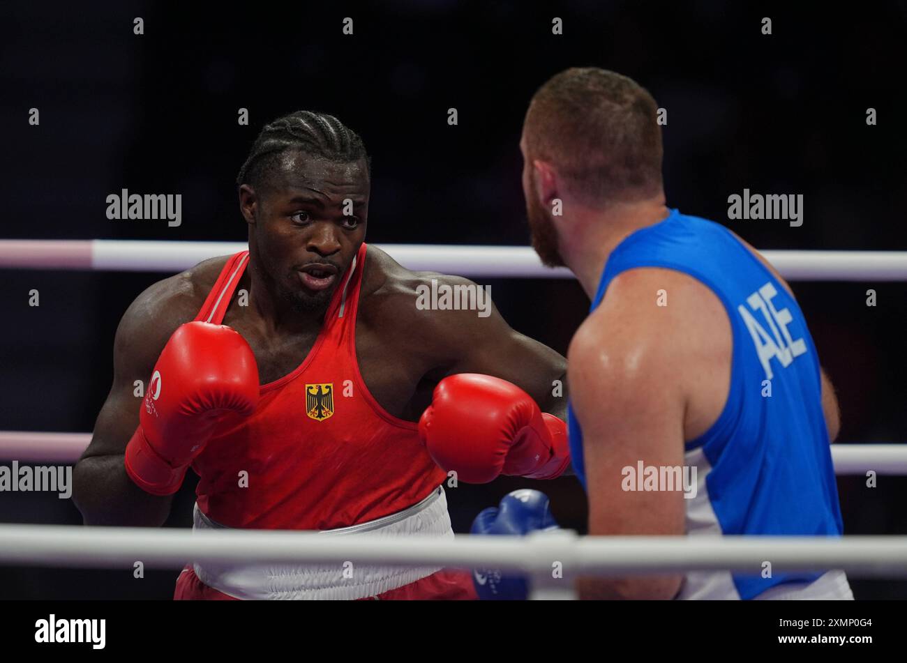North Paris Arena, Paris, France. 29th July, 2024. Nelvie Raman Tiafack (Germany) and Mahammad ...
