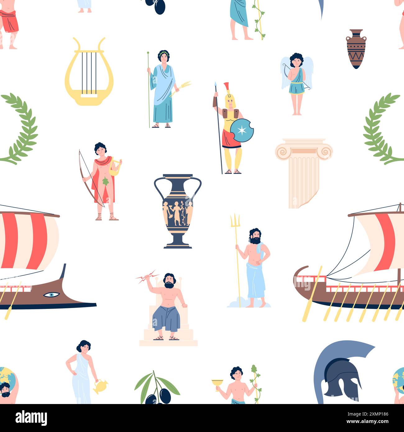 Flat greek gods and symbols. Olive tree branch ship antique column and ...