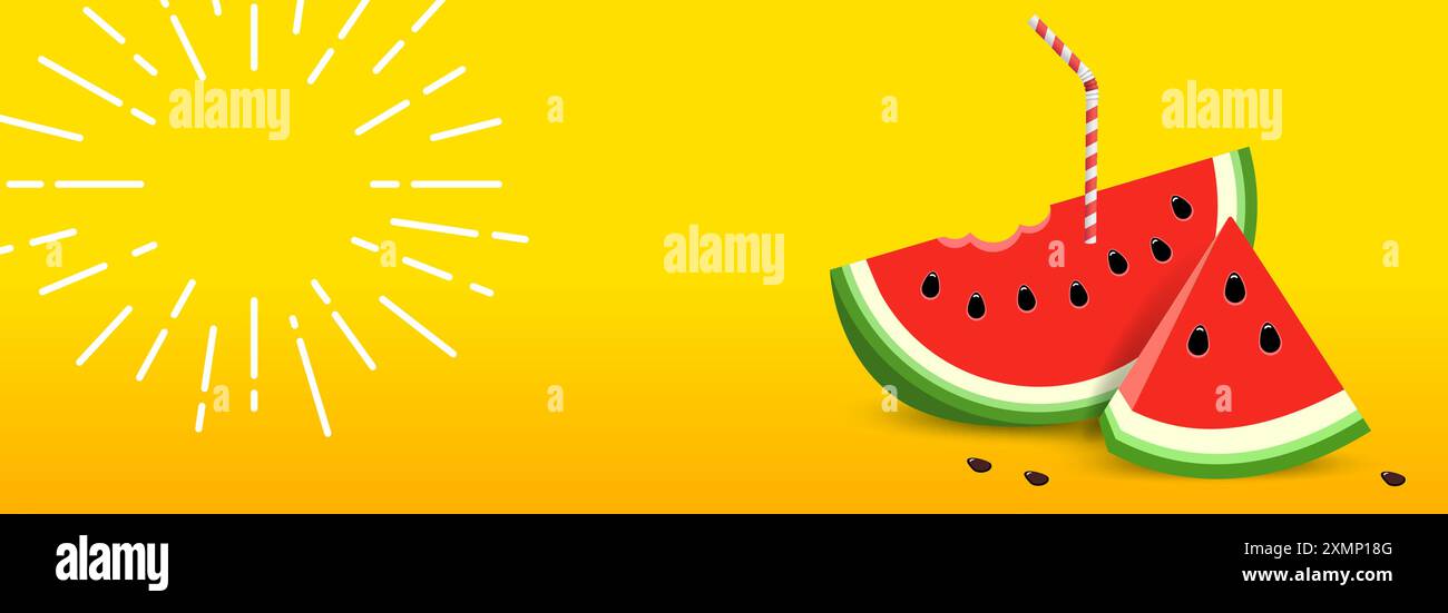 Yellow Summer banner with Watermelon. Sun rays drawn white pencil Stock ...