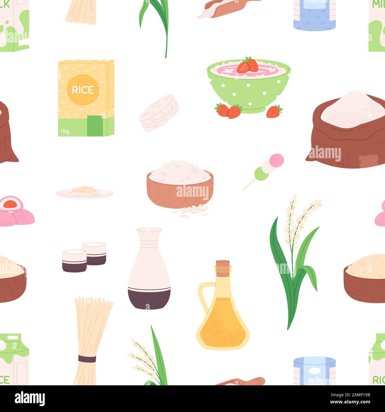 Rice products seamless pattern. Plants cereals, drinks. Rice milk and ...