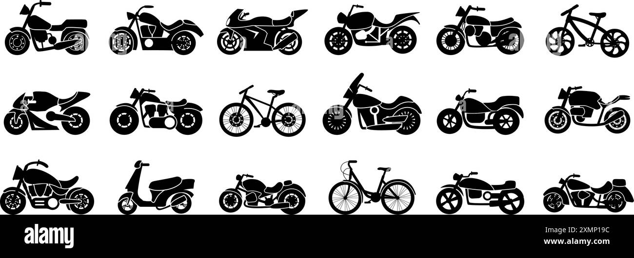 Black motorcycle icons. Motorbike and bicycle for sport and ...