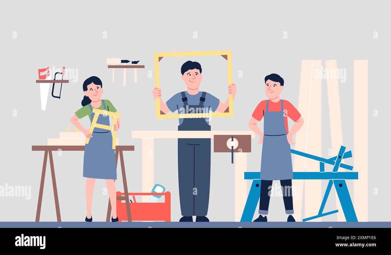 Carpentry workshop. Teacher and students working with wooden materials ...