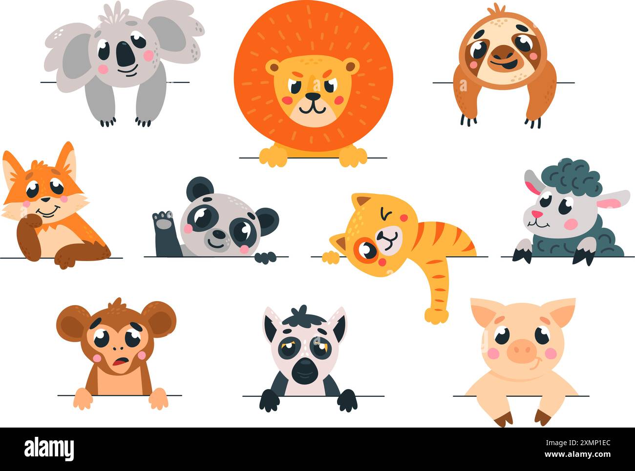 Animal looking out. Different emotional animals peeking and peeping. Childish stickers with ...