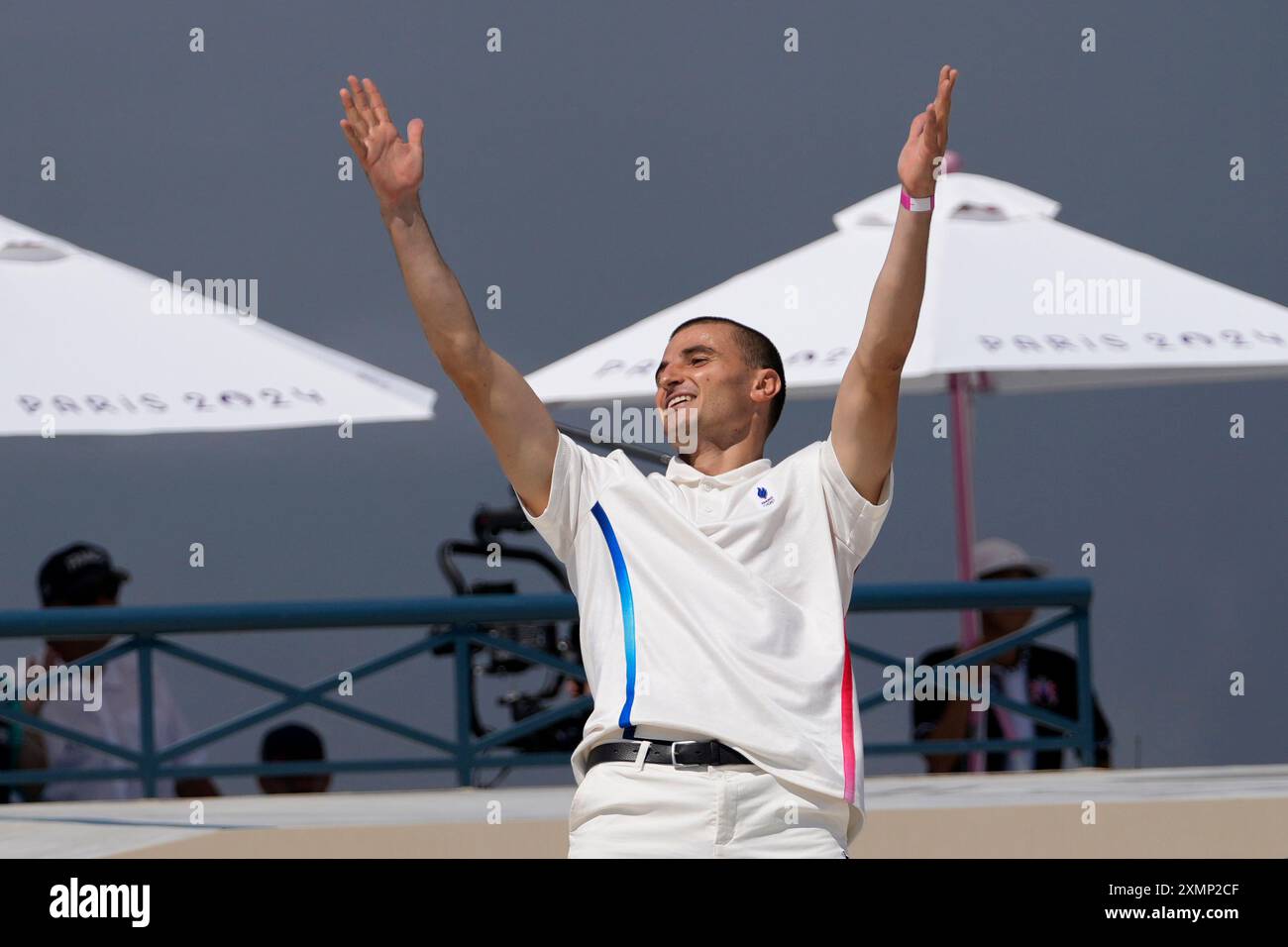 Vincent Milou, of France, reacts during the men's skateboard street ...