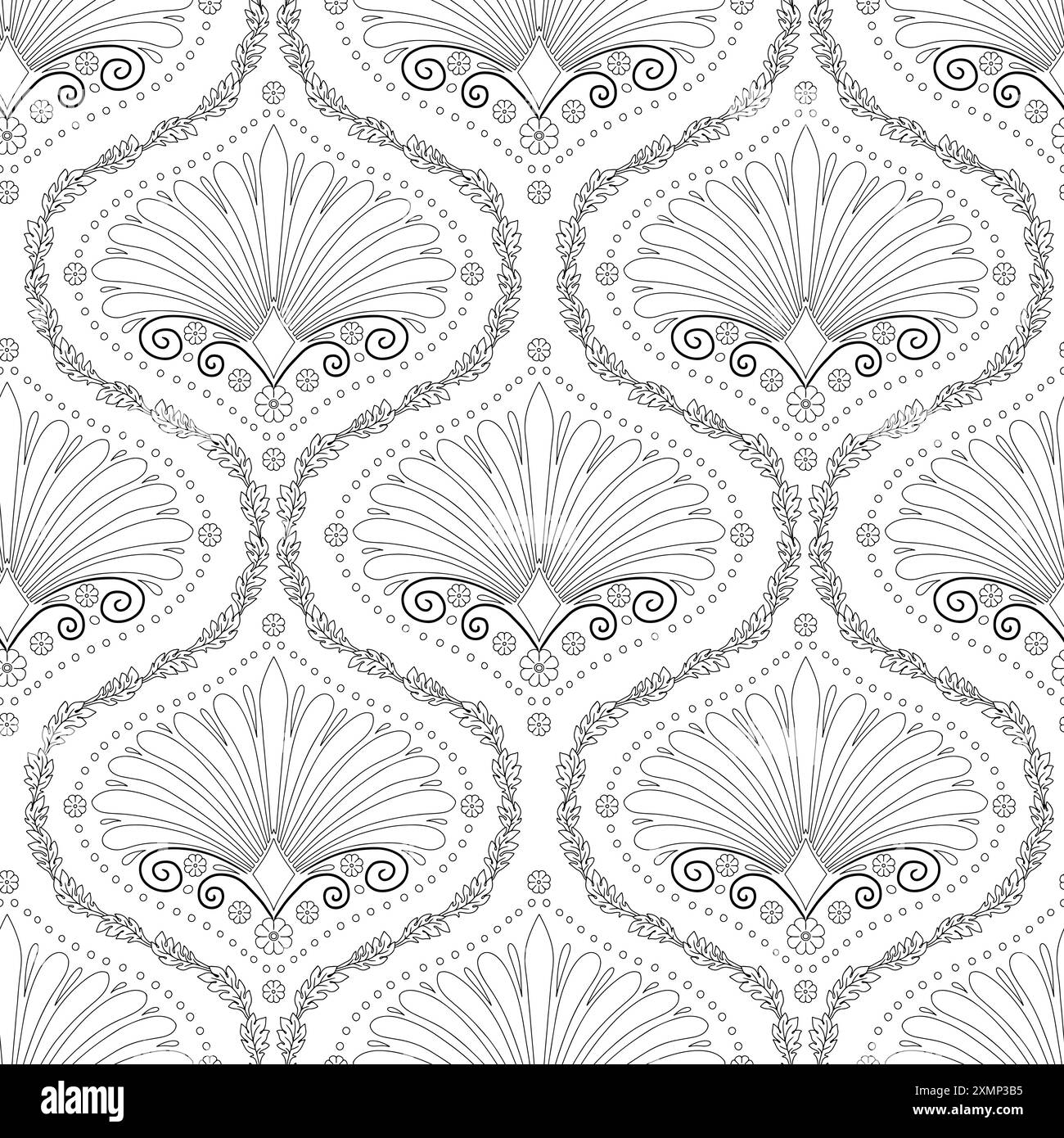 Seamless pattern with black and white monochrome floral ogee and ...