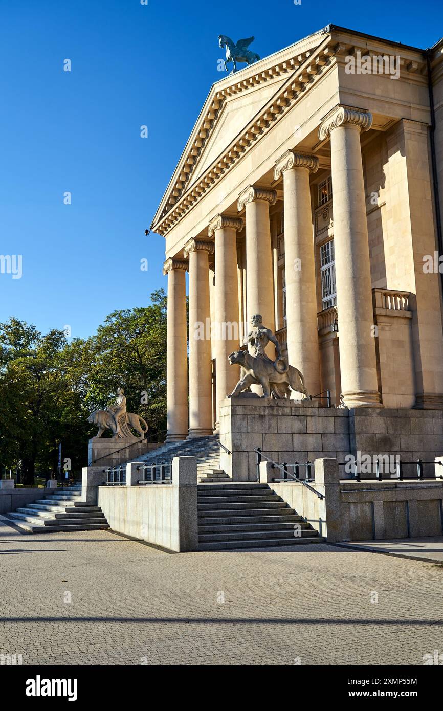 carved statues and columns of the Neoclassical facade of the historic ...