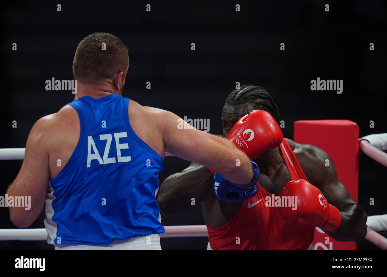 Paris, France. 29 July, 2024. Nelvie Raman Tiafack (Germany) and Mahammad Abdullayev (Azerbaijan ...