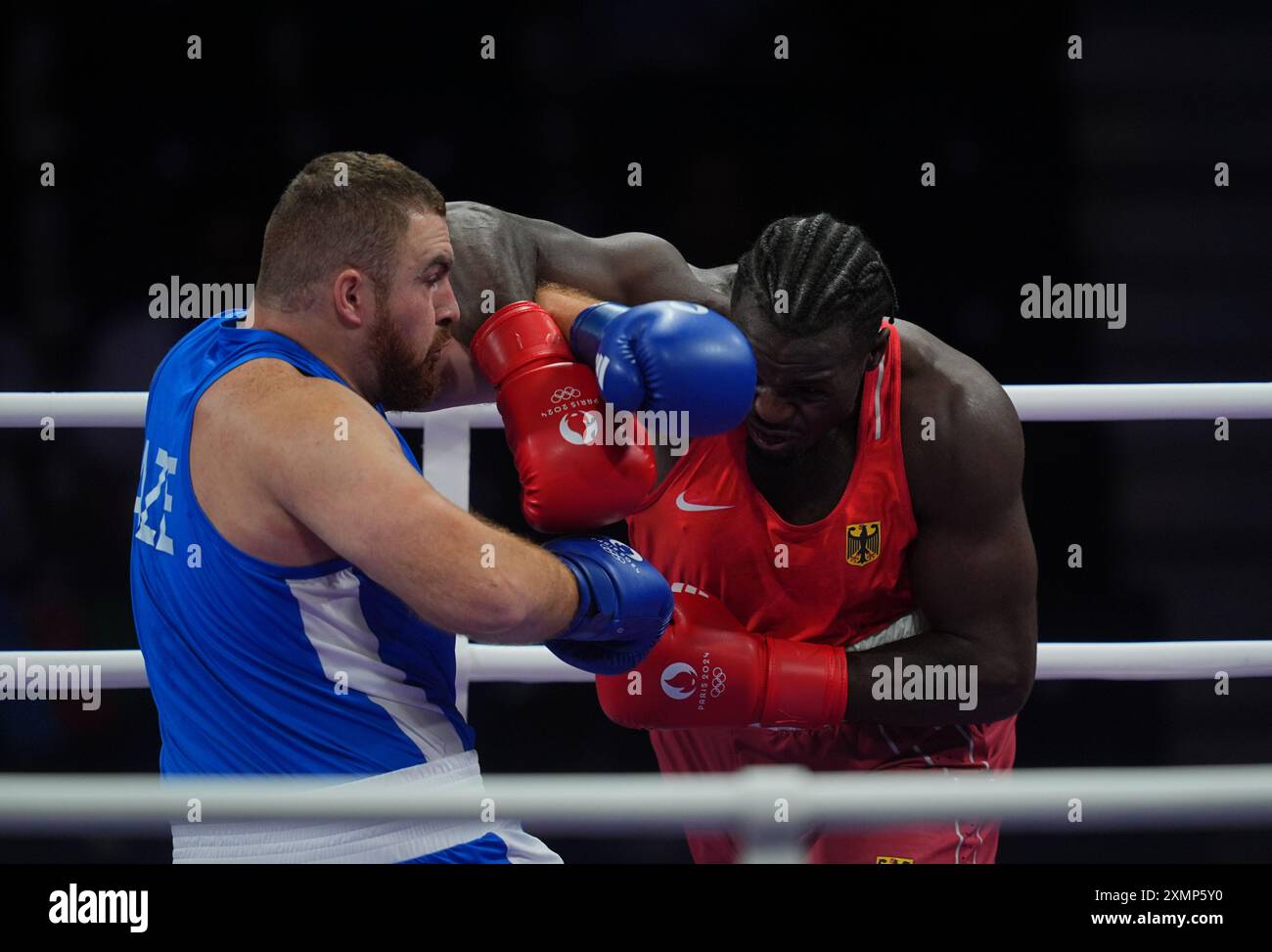 Paris, France. 29 July, 2024. Nelvie Raman Tiafack (Germany) and Mahammad Abdullayev (Azerbaijan ...