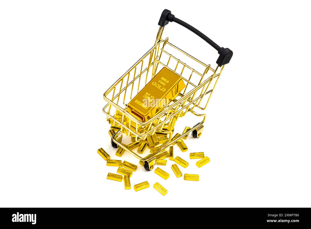 Shopping chart or supermarket trolley with golden bars on white ...