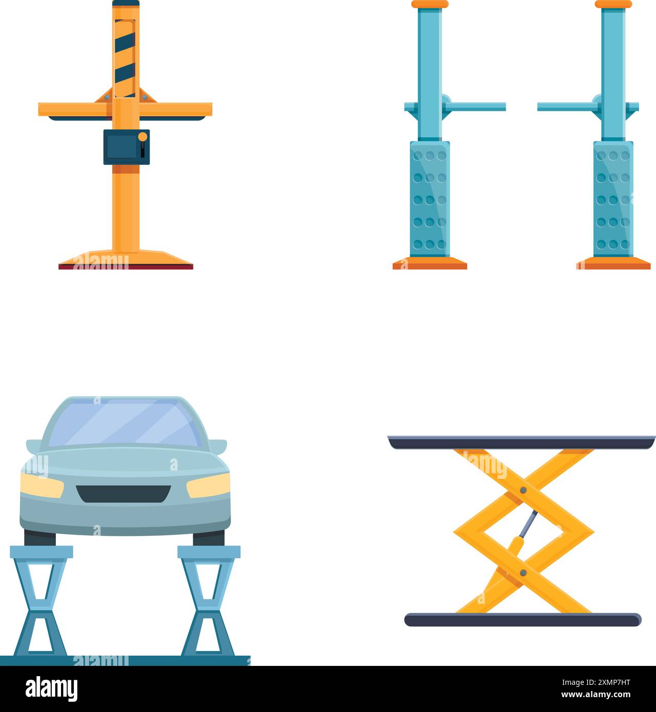 Automotive inspection icons set cartoon vector. Car lift stand tower ...