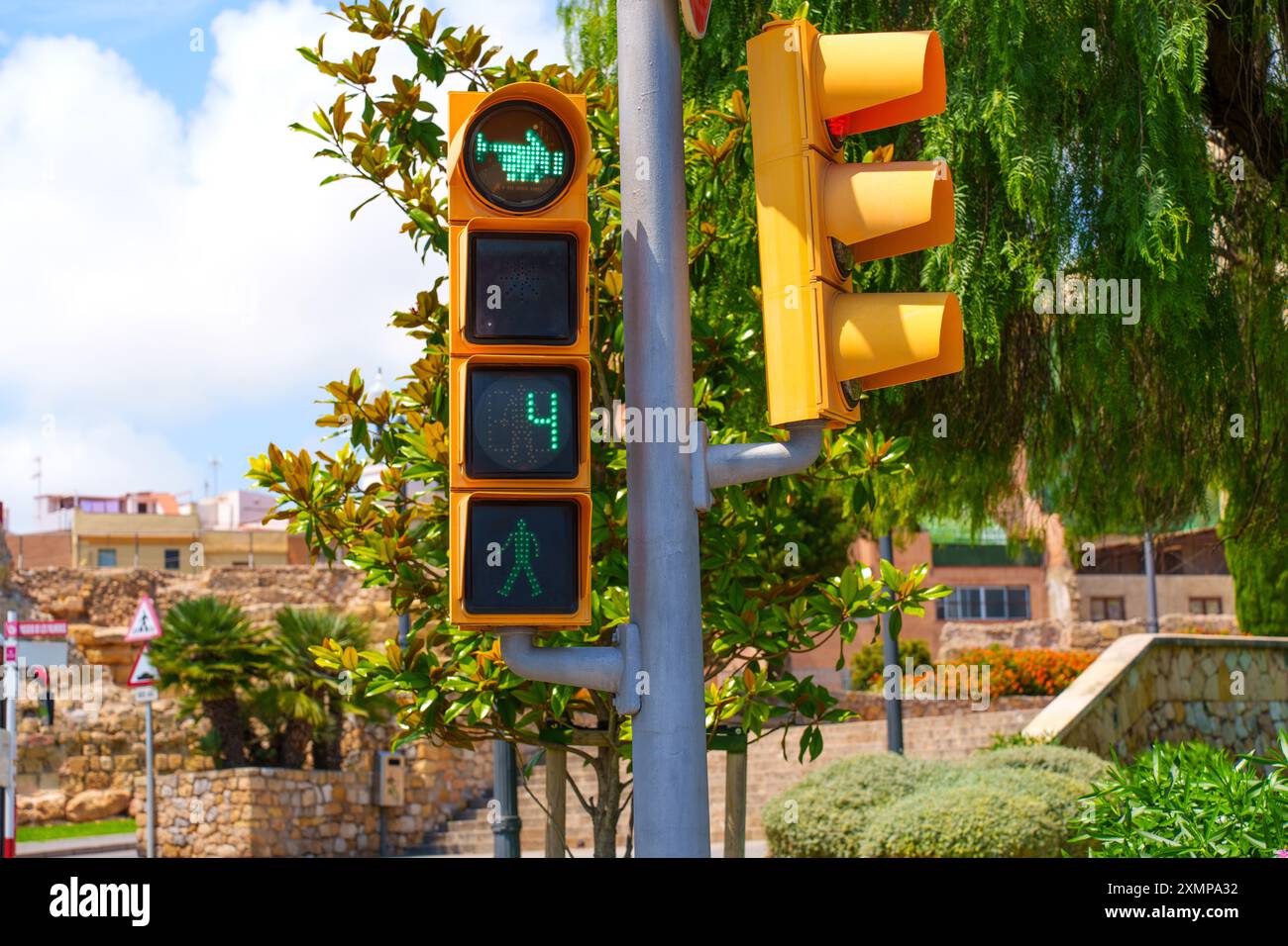 Bright pedestrian traffic signal showing green light with countdown in ...