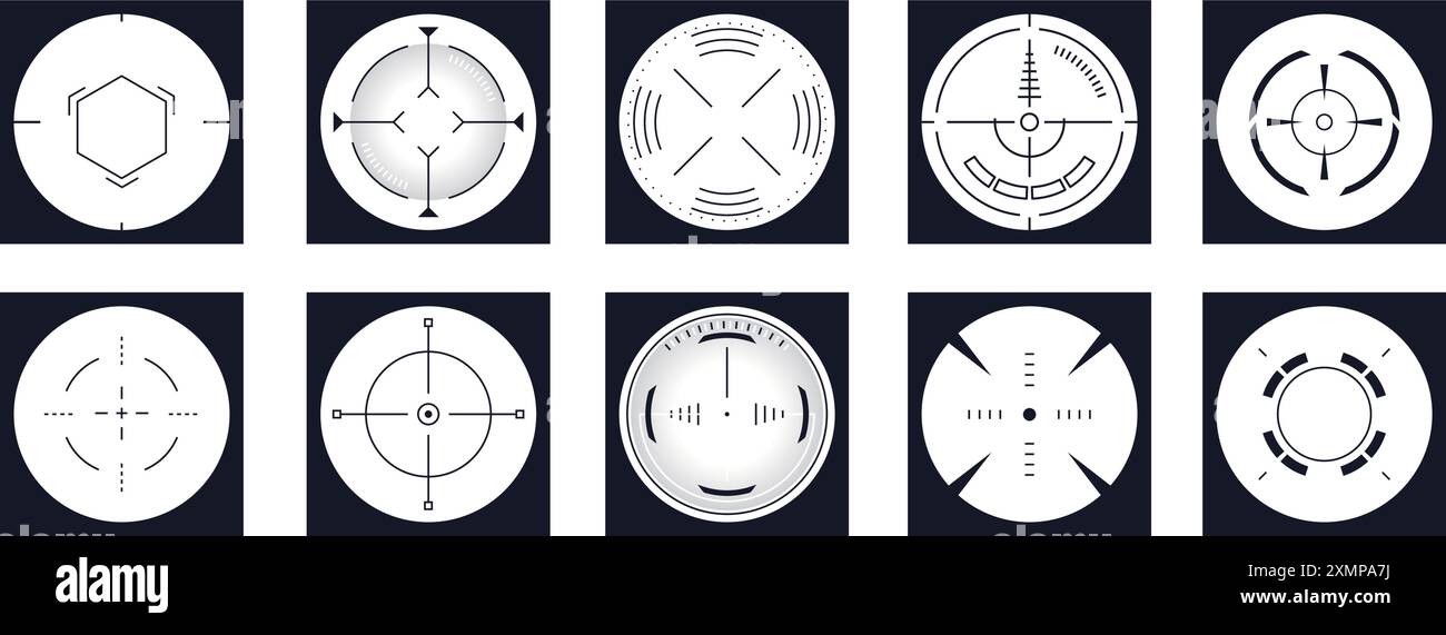 Sniper scopes. Sharpshooter gun optical scope, rifle army weapon accuracy aiming target sight ...