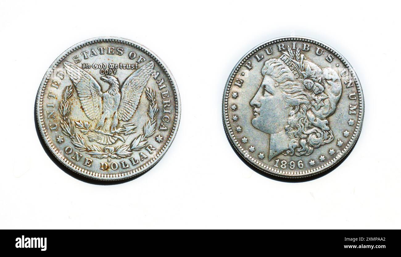 Obverse and reverse views of a souvenir historical 1896 silver dollar ...