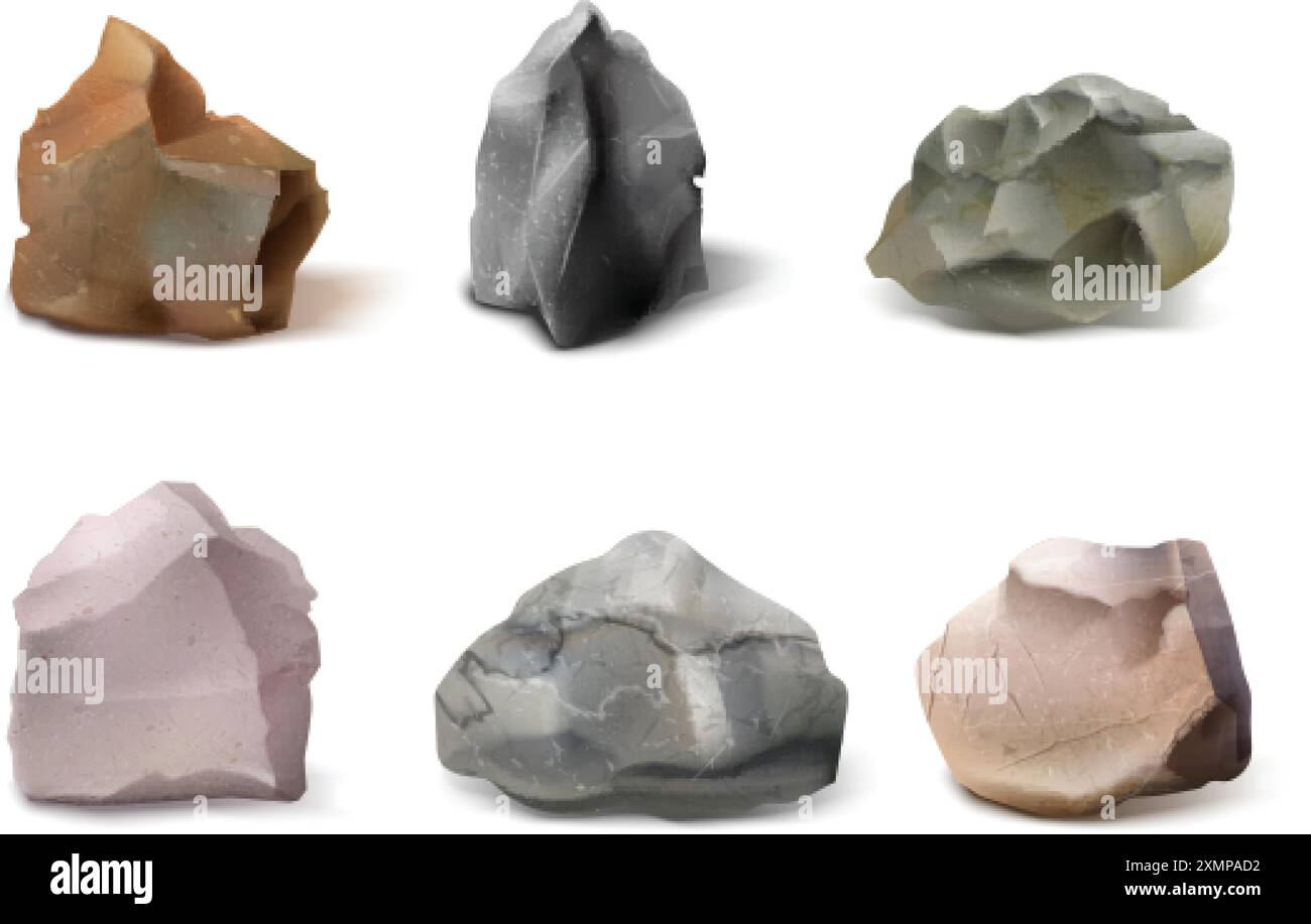 Realistic rock stone. 3d isolated stones, nature boulder mountain rocks different shape volcanic ...
