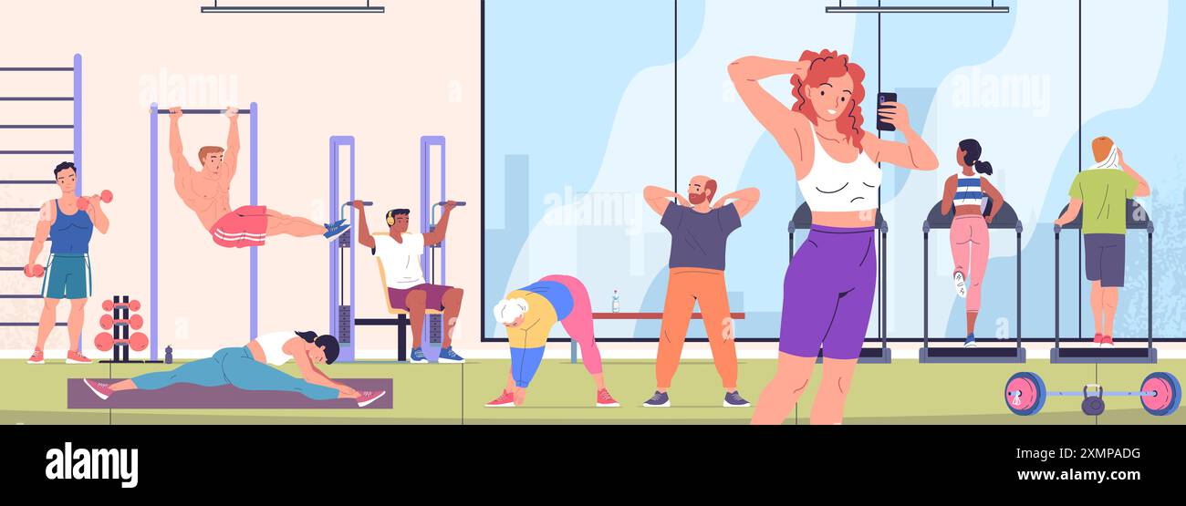 People workout in gym interior. Man woman athletes fitness training ...