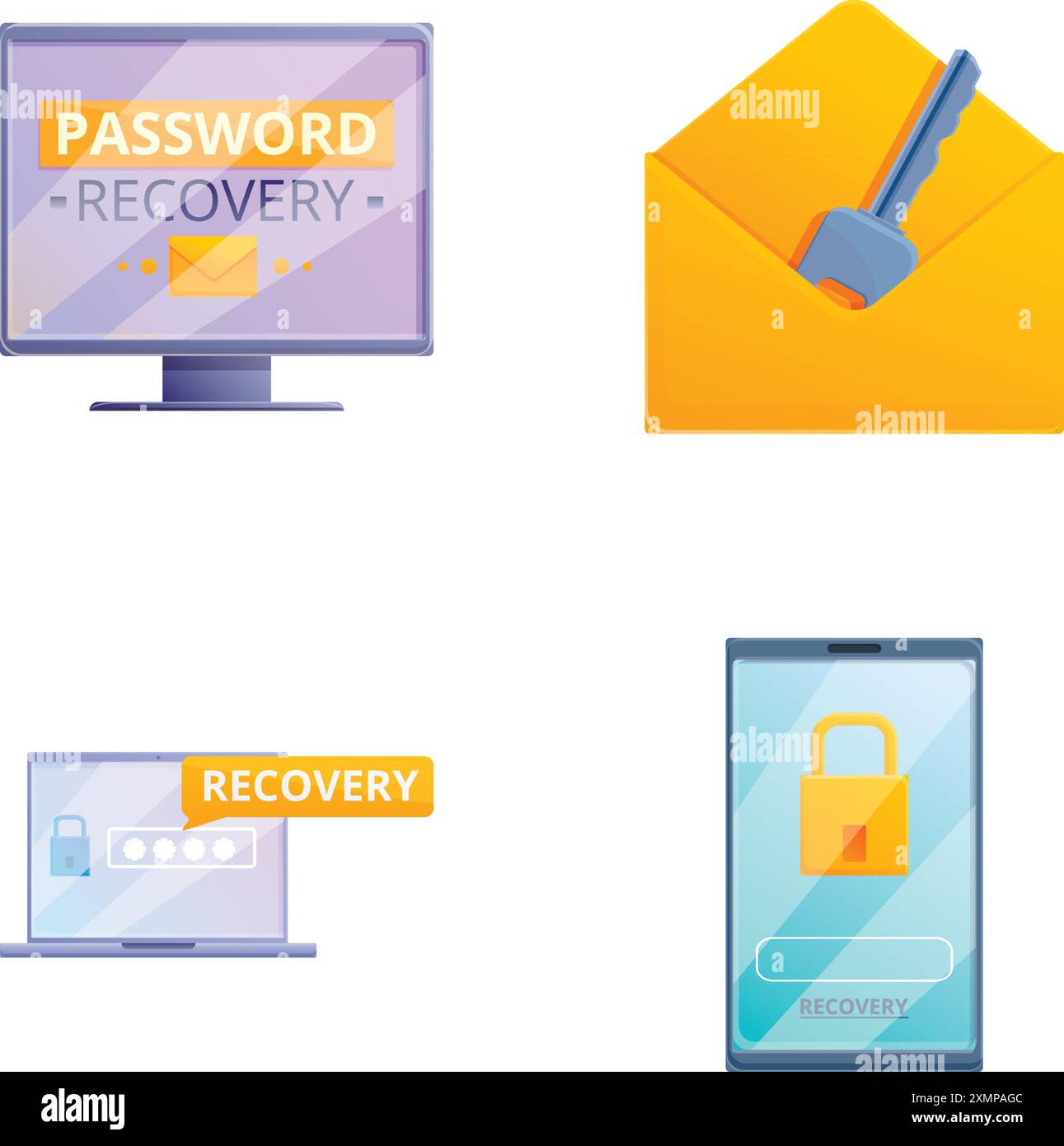 Recovery username icons set cartoon vector. Recovery of password for ...