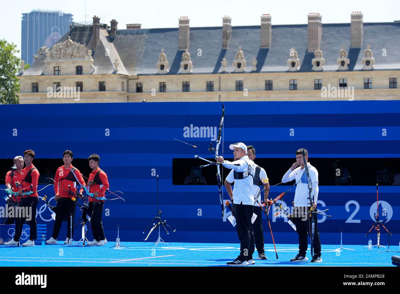 Taiwan's Lin Zih-Siang, during the men's team quarterfinals Archery competition against at the ...