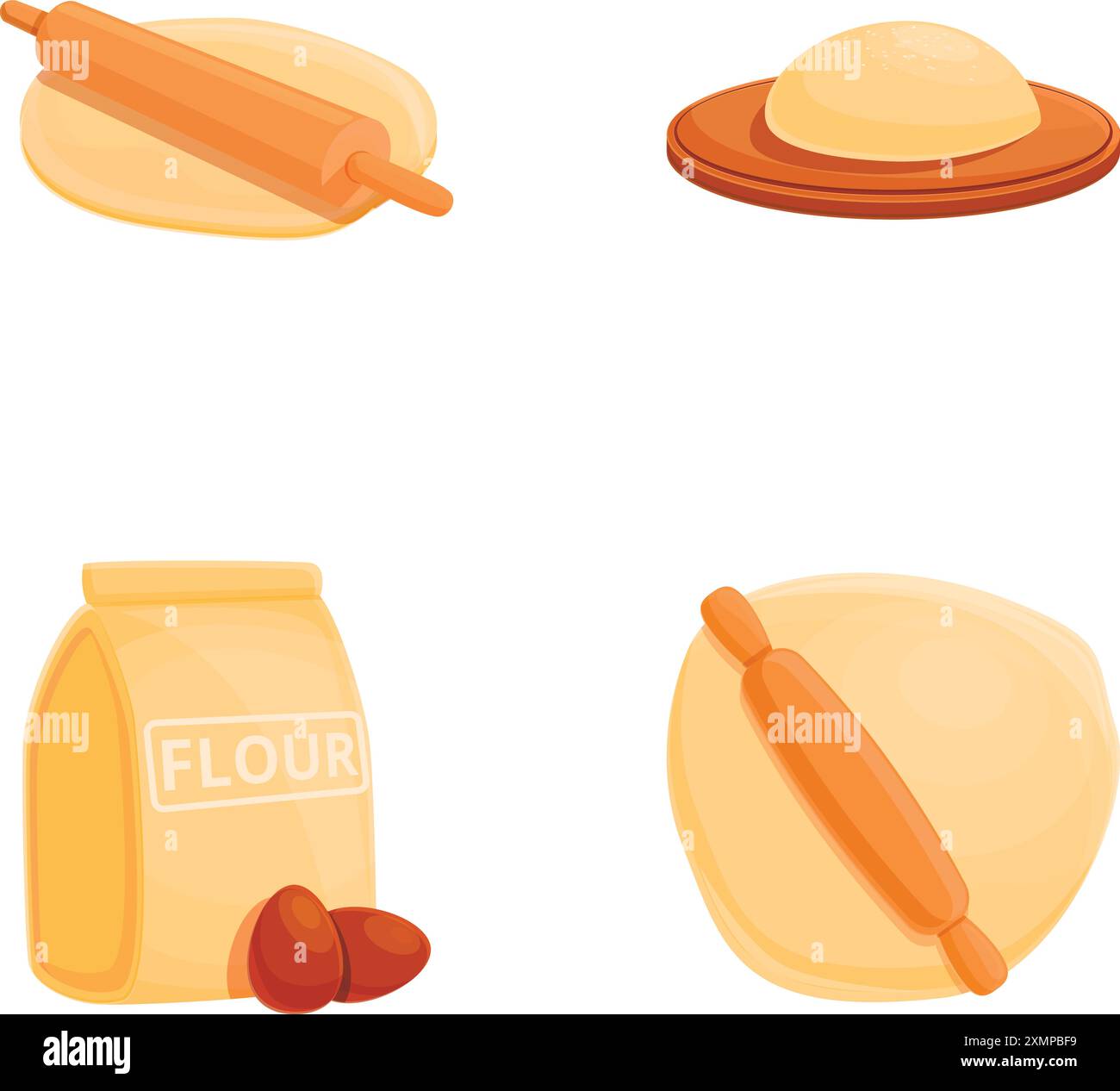 Preparing dough icons set cartoon vector. Kneading and rolling out dough process. Pastries ...