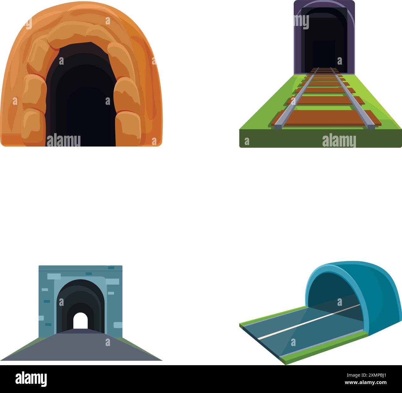 Various tunnel icons set cartoon vector. Interior of walkway tunnel ...