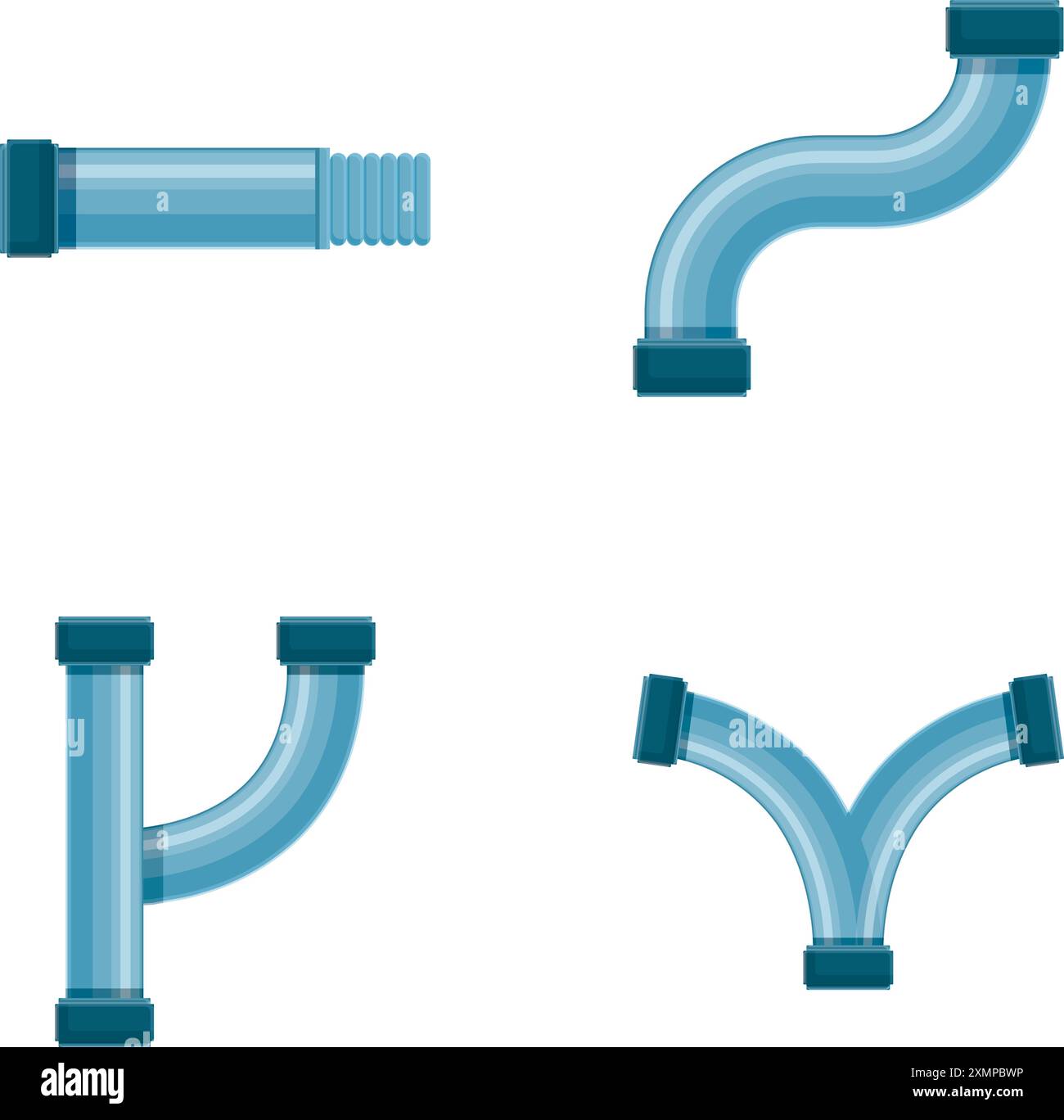 Pipe sewage icons set cartoon vector. Pipeline part, valve and plumbing ...