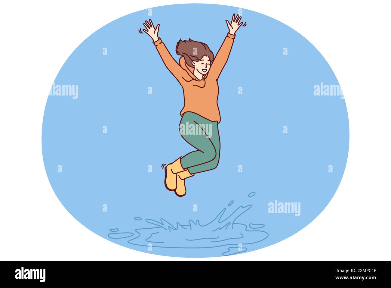 Happy woman jumping in puddle enjoying first autumn rain after hot ...