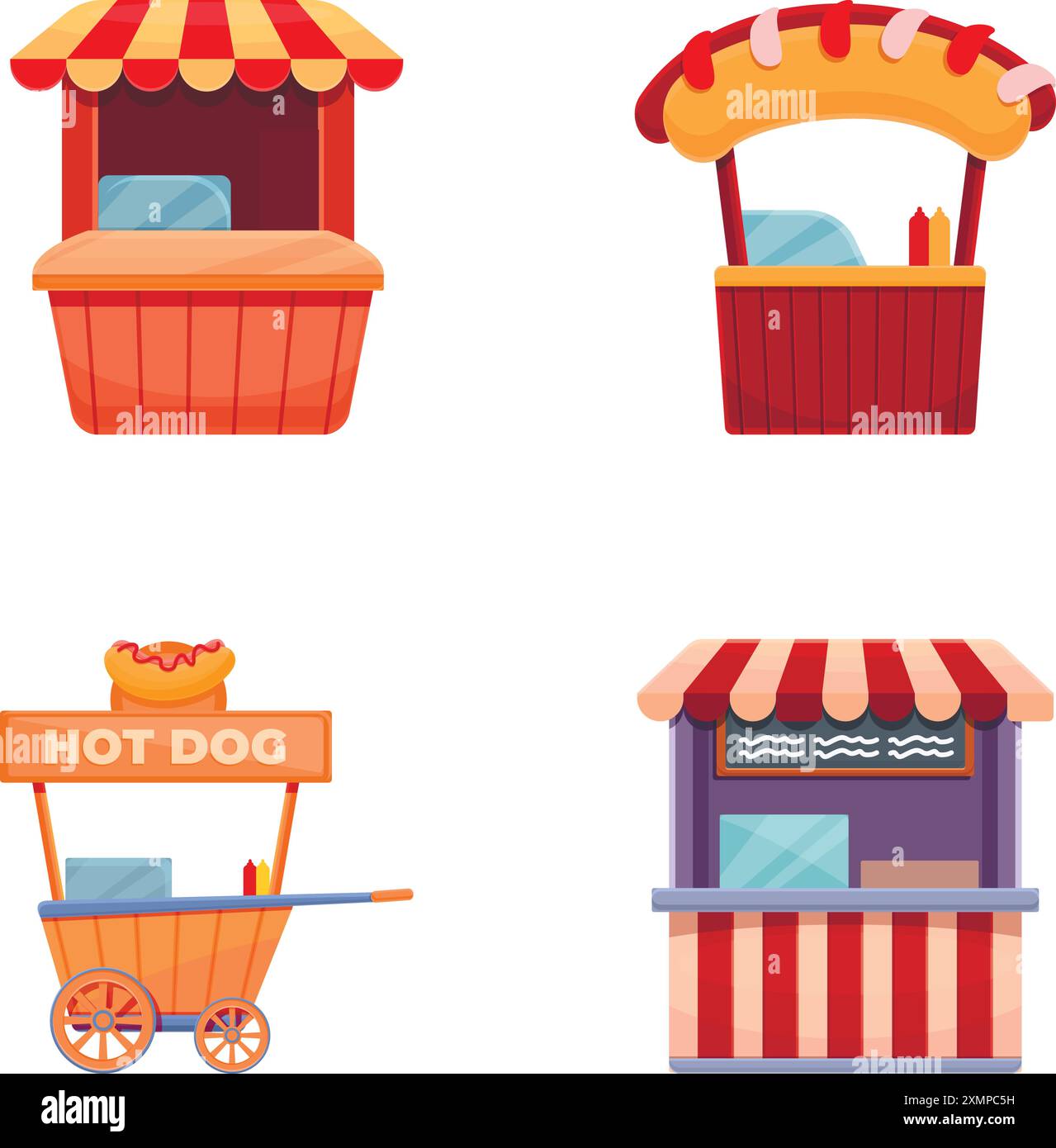 Fast food icons set cartoon vector. Hot dog street food cart. Street ...