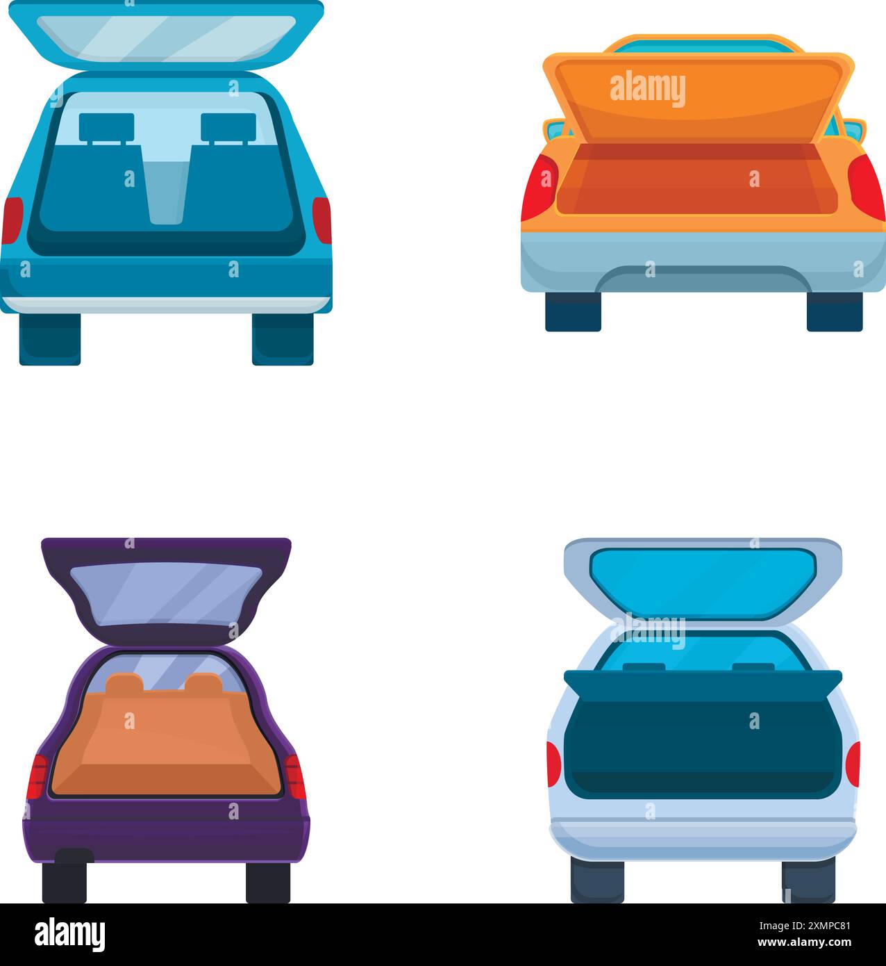 Auto trunk icons set cartoon vector. Minivan with open trunk. Back view ...
