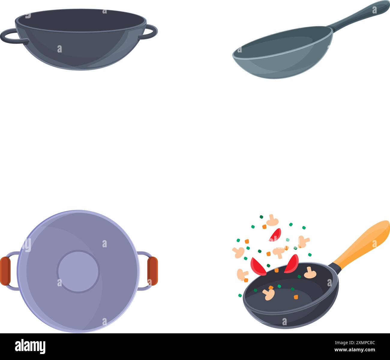 Cooking time icons set cartoon vector. Various dishes cooked in frying ...