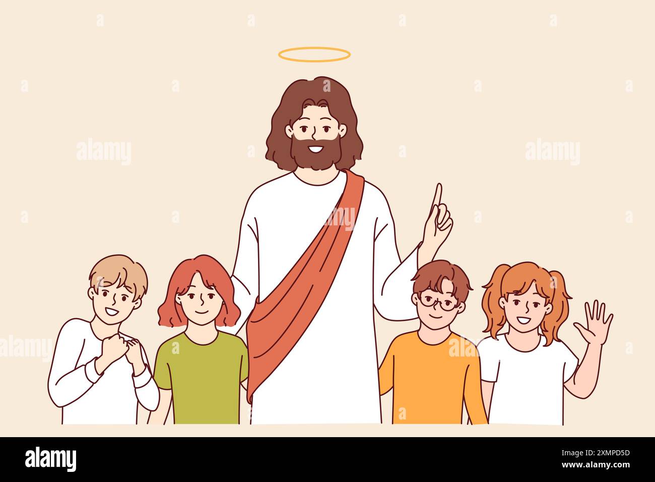 Jesus christ smiles standing with children, preaching love and kindness ...