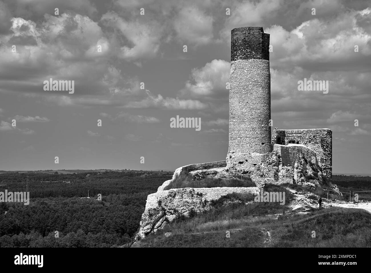 Limestone rocks and ruins of a medieval castle with a tower in Olsztyn ...