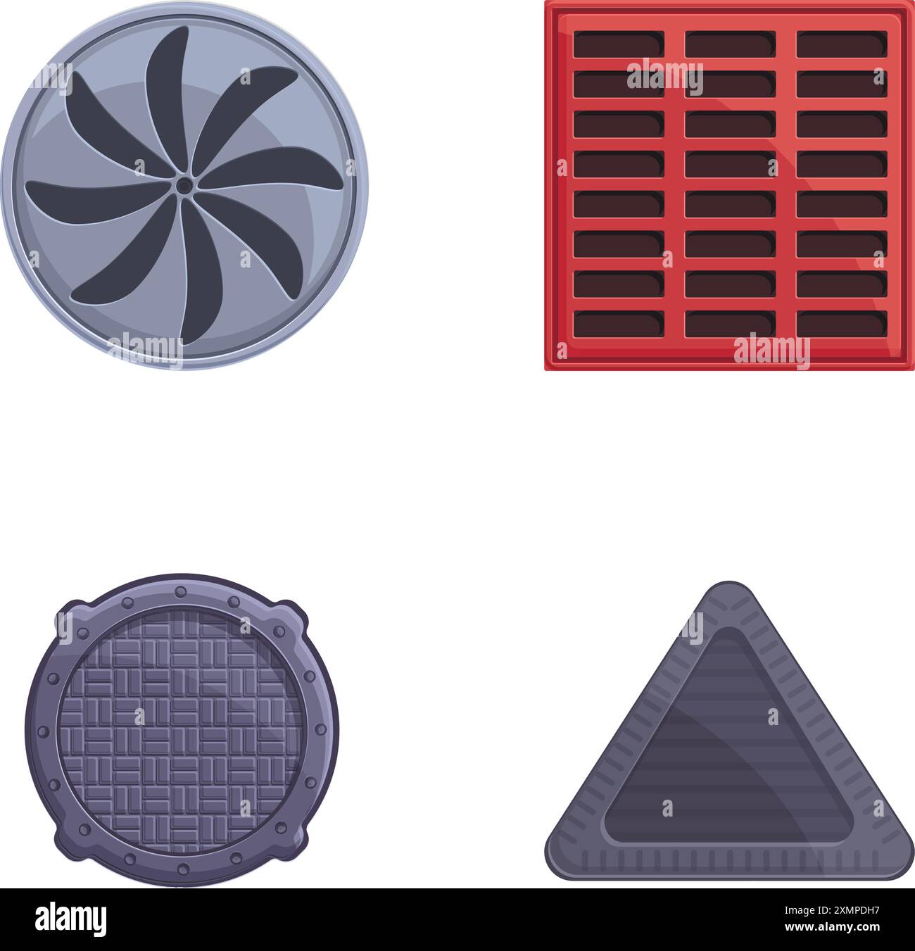 Iron manhole icons set cartoon vector. Road hatch of different shape ...