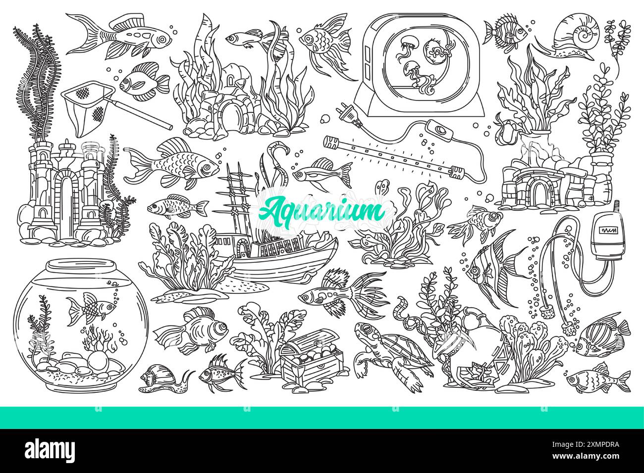 Aquarium decorations with fish swimming among algae and corals ...