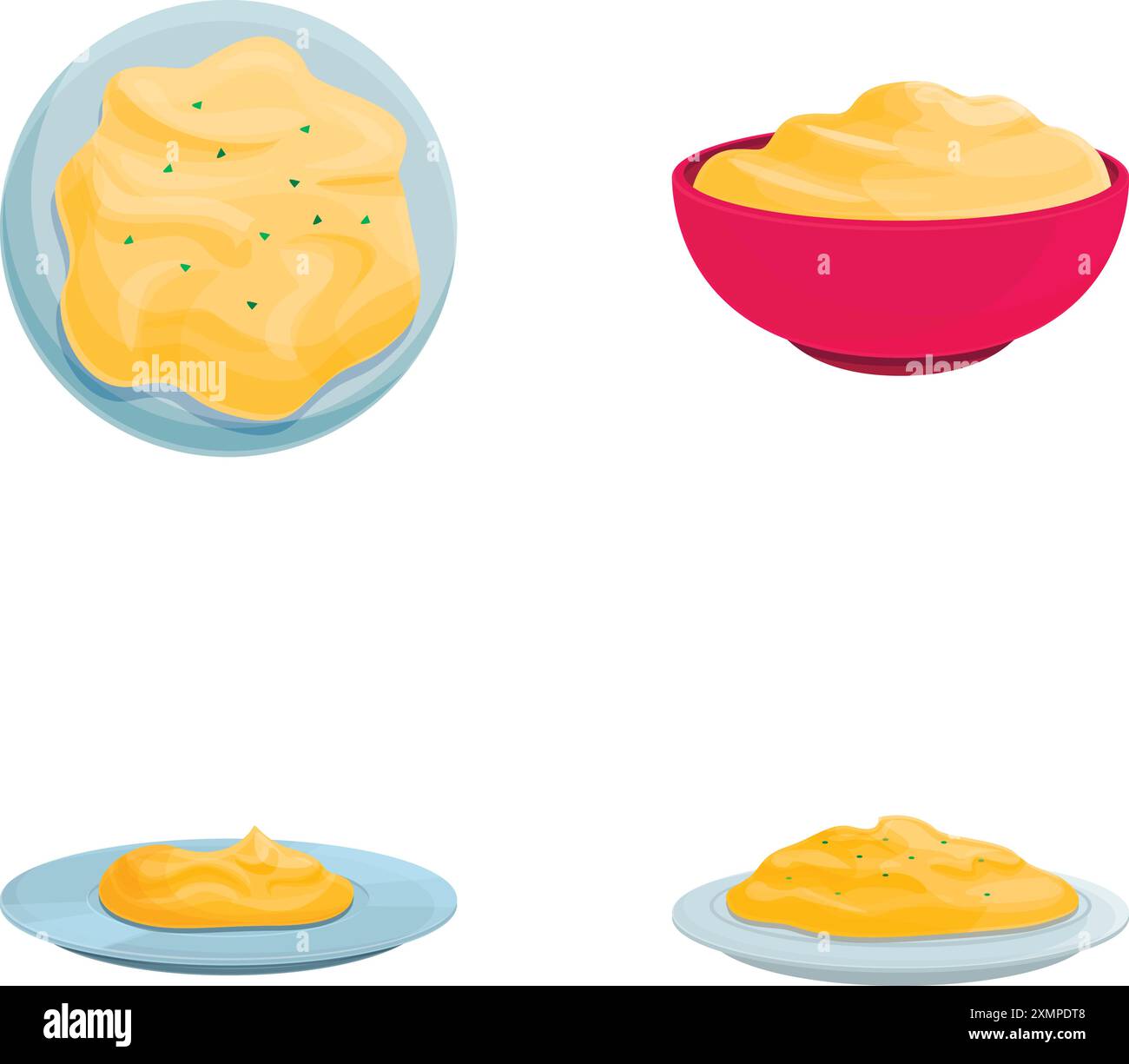 Tasty potato icons set cartoon vector. Fresh mashed potato on bowl ...